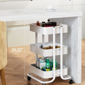 Pipishell 3 Tier Metal Rolling Utility Cart, Heavy-Duty Storage Rolling Cart with 2 Lockable Wheels, Multifunctional Mesh Organization Utility Cart for Kitchen Dining Room Living Room (White)