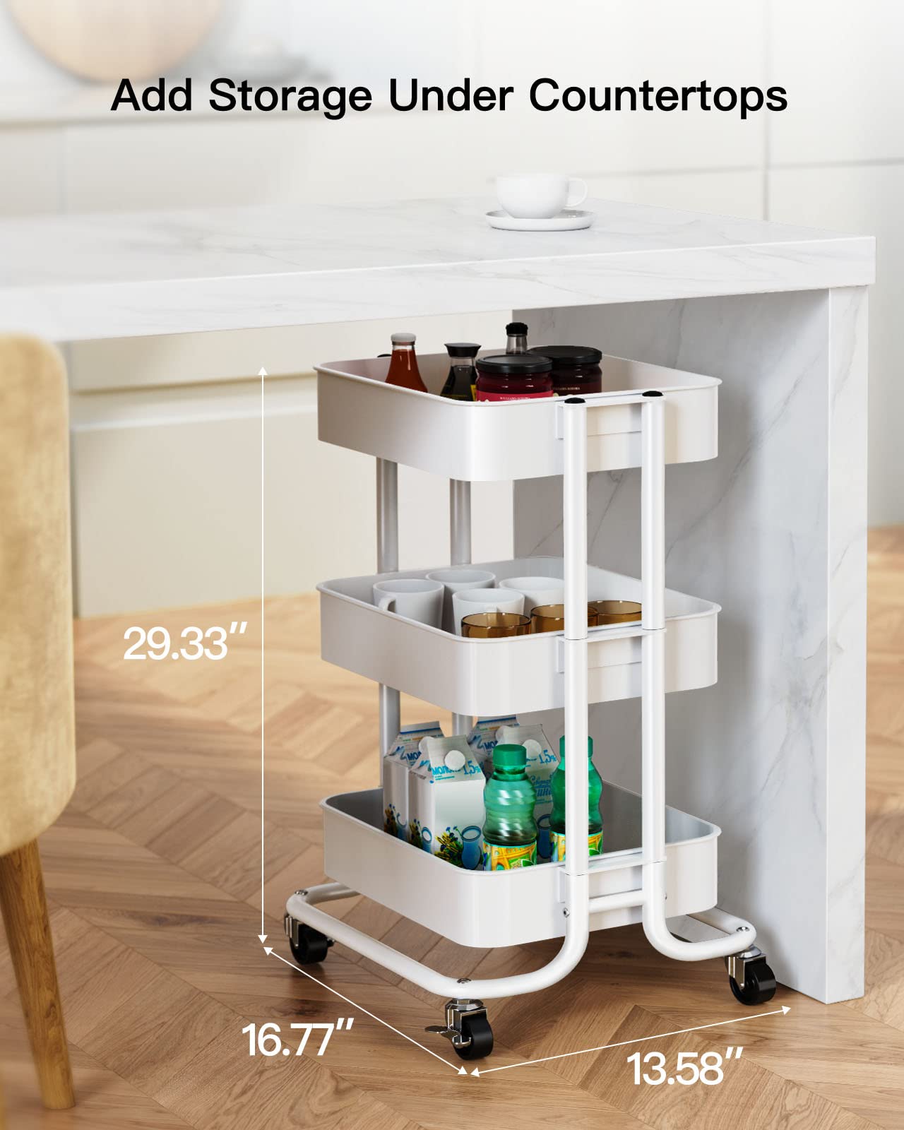 Pipishell 3 Tier Metal Rolling Utility Cart, Heavy-Duty Storage Rolling Cart with 2 Lockable Wheels, Multifunctional Mesh Organization Utility Cart for Kitchen Dining Room Living Room (White)