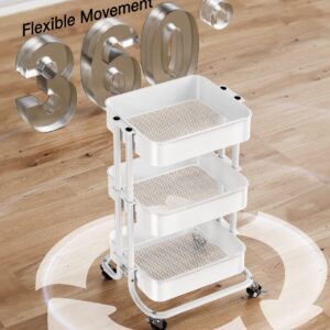 Pipishell 3 Tier Metal Rolling Utility Cart, Heavy-Duty Storage Rolling Cart with 2 Lockable Wheels, Multifunctional Mesh Organization Utility Cart for Kitchen Dining Room Living Room (White)