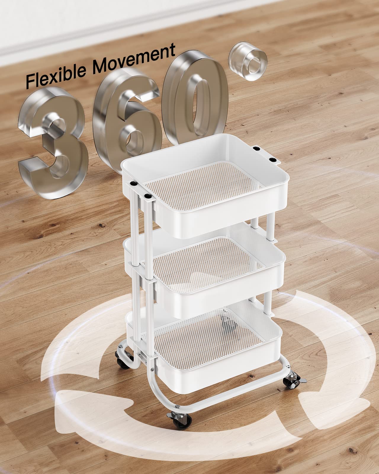 Pipishell 3 Tier Metal Rolling Utility Cart, Heavy-Duty Storage Rolling Cart with 2 Lockable Wheels, Multifunctional Mesh Organization Utility Cart for Kitchen Dining Room Living Room (White)