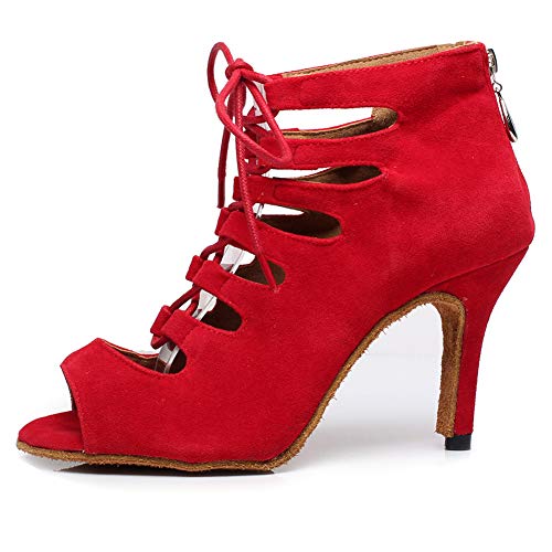 HROYL Women's Ballroom Latin Salsa Dance Shoes Lace-up Open-Toe Dance Boots,ZU-QJW6185,Red-5-2899-1#-41,US9