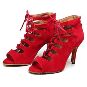 HROYL Women's Ballroom Latin Salsa Dance Shoes Lace-up Open-Toe Dance Boots,ZU-QJW6185,Red-5-2899-1#-41,US9