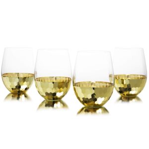 MyGift Modern Wine Glasses Stemless Set of 4 with Hammered Brass Metal Bottoms, Mimosa Glasses, Cocktail Glasses, Bridesmaid Toasting Glasses