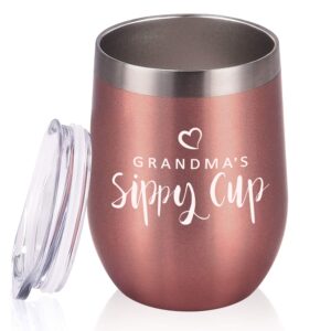 gingprous grandma's sippy cup wine tumbler with lid, grandma gifts for women mother's day birthday, insulated stainless steel wine tumbler with straw and cleaning brush (12oz, rose gold)