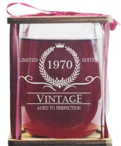 vintage 1970 limited edition - aged to perfection stemless wine glass and presentation packaging