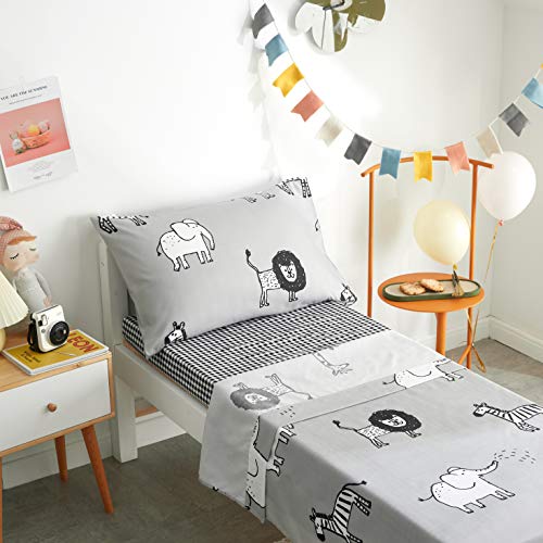 Flysheep 4 Piece Gray Grey Toddler Bedding Set with Multi Animals Printed for Baby Boys - Includes Quilted Comforter, Flat Sheet, Fitted Sheet & Pillow Case, Soft & Comfortable Microfiber