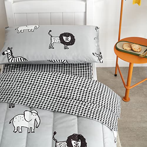 Flysheep 4 Piece Gray Grey Toddler Bedding Set with Multi Animals Printed for Baby Boys - Includes Quilted Comforter, Flat Sheet, Fitted Sheet & Pillow Case, Soft & Comfortable Microfiber