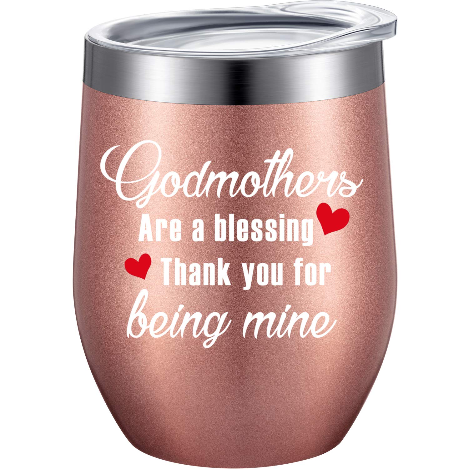 Wine Tumbler Godmother Appreciation Gift Godmothers Are a Blessing Thank You for Being Mine, Baptism Gift Wine Glass Tumbler with Lid, Straw and Gift Box (Rose Gold)