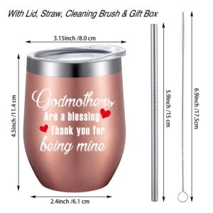 Wine Tumbler Godmother Appreciation Gift Godmothers Are a Blessing Thank You for Being Mine, Baptism Gift Wine Glass Tumbler with Lid, Straw and Gift Box (Rose Gold)