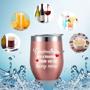 Wine Tumbler Godmother Appreciation Gift Godmothers Are a Blessing Thank You for Being Mine, Baptism Gift Wine Glass Tumbler with Lid, Straw and Gift Box (Rose Gold)