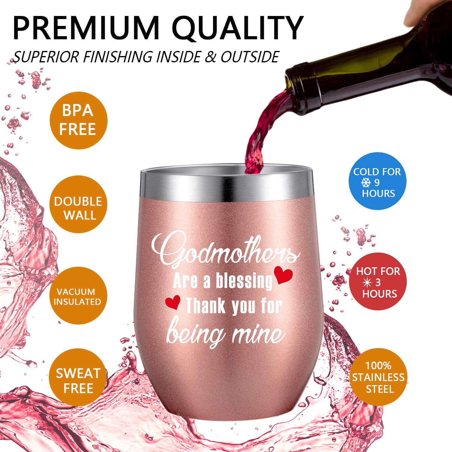 Wine Tumbler Godmother Appreciation Gift Godmothers Are a Blessing Thank You for Being Mine, Baptism Gift Wine Glass Tumbler with Lid, Straw and Gift Box (Rose Gold)