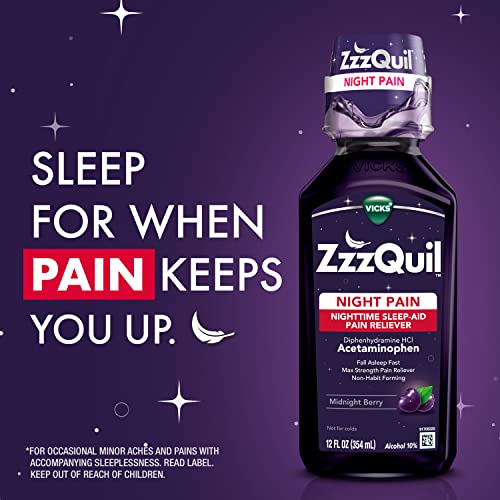 ZzzQuil Nighttime Pain Relief Sleep Aid Liquid, Max Strength Pain Reliever, Non-Habit Forming 12 Fl oz(Pack of 2)