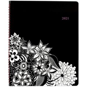 2021 weekly & monthly planner by cambridge, 8-1/2" x 11", large, premium, floradoodle, black/white (589-905-21)