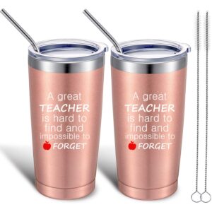 2 pack thank you teacher appreciation gifts for women teacher, a great teacher is hard to find and impossible to forget coffee cup travel mug for christmas, 20 oz vacuum insulation tumbler (rose gold)