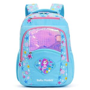 ruru monkey kids backpack for girls - perfect for kindergarten, preschool & lower elementary students (ages 4-10) - mermaid kids bookbag - medium (16.5" tall)