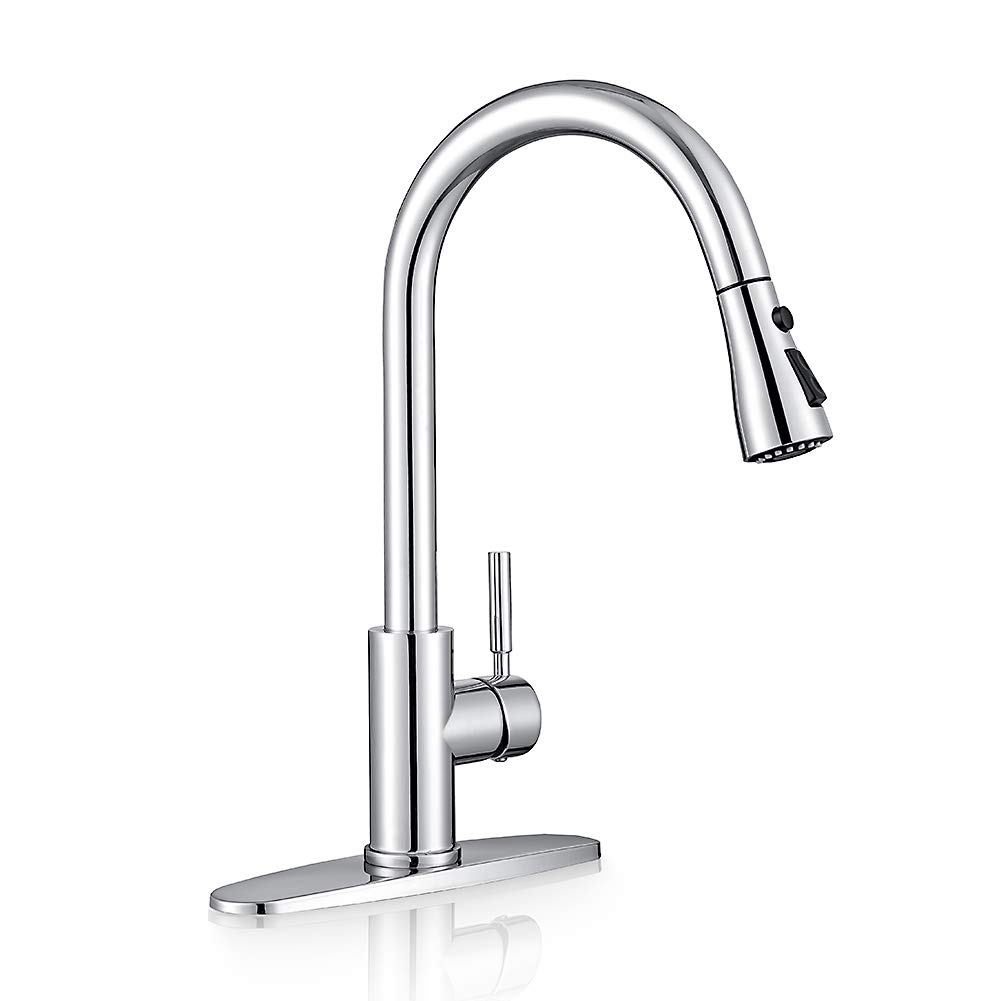 WEWE Sink Faucet, Pull Down Kitchen Faucet with Sprayer Low Lead Commercial Modern Stainless Steel rv Farmhouse Kitchen Faucet Single Handle 1 or 3 Hole Kitchen Sink Faucet, Polished Chrome