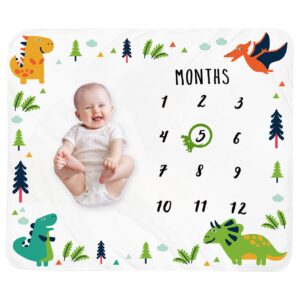 baby monthly milestone blanket boy - dinosaur neutral newborn month blanket for boy & girl personalized shower gift soft plush fleece photography background prop with frame large 47''x40''