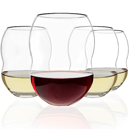 Unbreakable Plastic Stemless Wine Glasses 18 oz - 100% Tritan - Proprietary Anti Slip Design - BPA Free, Dishwasher Safe, Shatterproof - Heavy Duty Base and Extra Thick Glassware Tumblers - Set of 4