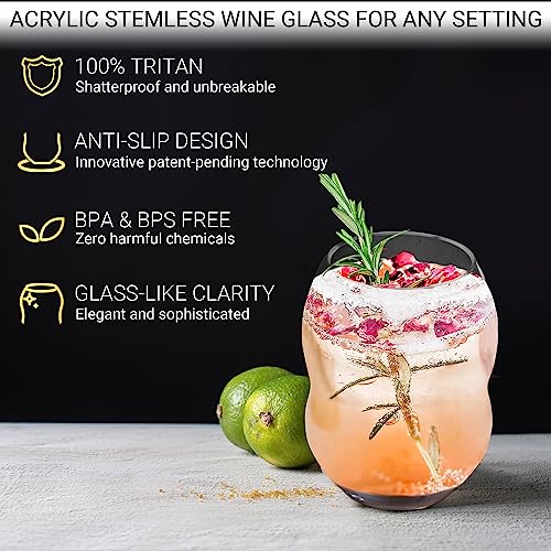 Unbreakable Plastic Stemless Wine Glasses 18 oz - 100% Tritan - Proprietary Anti Slip Design - BPA Free, Dishwasher Safe, Shatterproof - Heavy Duty Base and Extra Thick Glassware Tumblers - Set of 4