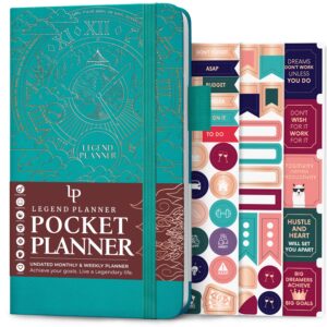 legend planner pocket – small undated monthly & weekly goal journal and calendar for productivity, mini life organizer planner perfect for purse, size: 3.5" x 6.2" hardcover – viridian green