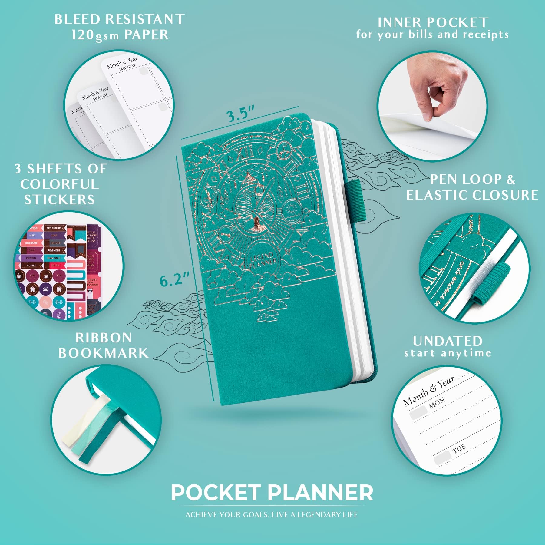 Legend Planner Pocket – Small Undated Monthly & Weekly Goal Journal and Calendar for Productivity, Mini Life Organizer Planner Perfect for Purse, Size: 3.5" x 6.2" Hardcover – Viridian Green