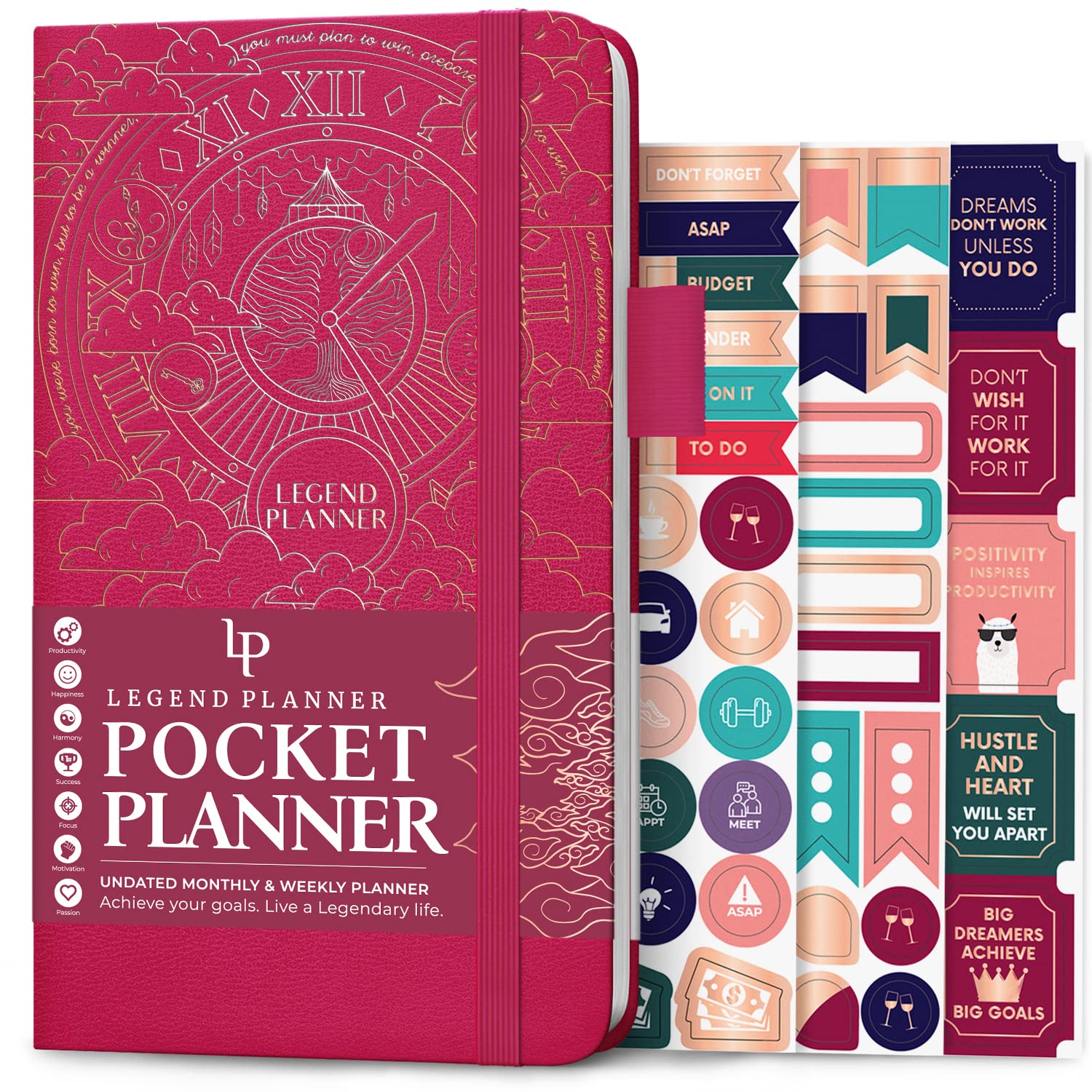 Legend Planner Pocket – Small Undated Monthly & Weekly Goal Journal and Calendar for Productivity, Mini Life Organizer Planner Perfect for Purse, Size: 3.5" x 6.2" Hardcover – Hot Pink