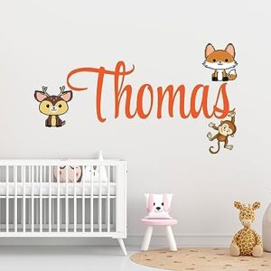 Personalized Boys Name Wall Decal - Boys & Girls Custom Name Wall Decal - Fox Wall Decal -Baby Deer Fox and Monkey Animal Theme - Wall Decal for Nursery Bedroom Decoration (Wide 16"x10" Height)