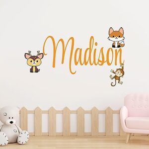 Personalized Boys Name Wall Decal - Boys & Girls Custom Name Wall Decal - Fox Wall Decal -Baby Deer Fox and Monkey Animal Theme - Wall Decal for Nursery Bedroom Decoration (Wide 16"x10" Height)