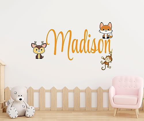 Personalized Boys Name Wall Decal - Boys & Girls Custom Name Wall Decal - Fox Wall Decal -Baby Deer Fox and Monkey Animal Theme - Wall Decal for Nursery Bedroom Decoration (Wide 16"x10" Height)