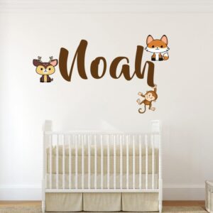 Personalized Boys Name Wall Decal - Boys & Girls Custom Name Wall Decal - Fox Wall Decal -Baby Deer Fox and Monkey Animal Theme - Wall Decal for Nursery Bedroom Decoration (Wide 16"x10" Height)