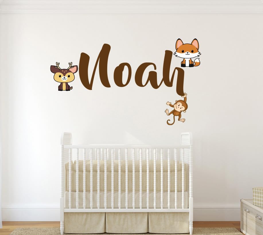 Personalized Boys Name Wall Decal - Boys & Girls Custom Name Wall Decal - Fox Wall Decal -Baby Deer Fox and Monkey Animal Theme - Wall Decal for Nursery Bedroom Decoration (Wide 16"x10" Height)