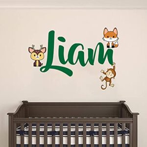 Personalized Boys Name Wall Decal - Boys & Girls Custom Name Wall Decal - Fox Wall Decal -Baby Deer Fox and Monkey Animal Theme - Wall Decal for Nursery Bedroom Decoration (Wide 16"x10" Height)