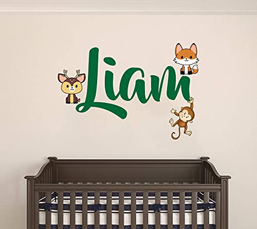 Personalized Boys Name Wall Decal - Boys & Girls Custom Name Wall Decal - Fox Wall Decal -Baby Deer Fox and Monkey Animal Theme - Wall Decal for Nursery Bedroom Decoration (Wide 16"x10" Height)