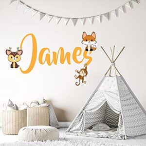 Personalized Boys Name Wall Decal - Boys & Girls Custom Name Wall Decal - Fox Wall Decal -Baby Deer Fox and Monkey Animal Theme - Wall Decal for Nursery Bedroom Decoration (Wide 16"x10" Height)