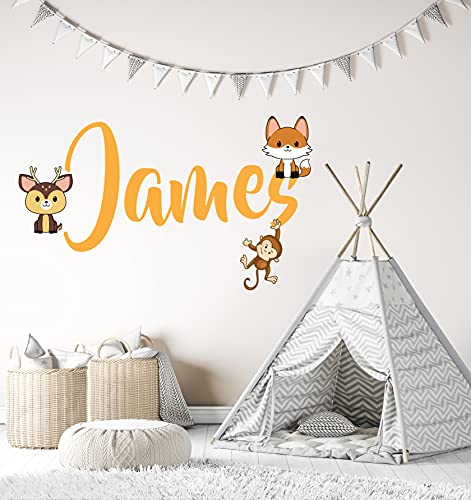 Personalized Boys Name Wall Decal - Boys & Girls Custom Name Wall Decal - Fox Wall Decal -Baby Deer Fox and Monkey Animal Theme - Wall Decal for Nursery Bedroom Decoration (Wide 16"x10" Height)