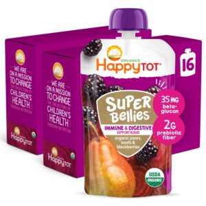 happy tot organics stage 4 baby food pouches, gluten free, vegan snack, super bellies, fruit & veggie puree, pears, beets & blackberries 4 ounce (pack of 16)