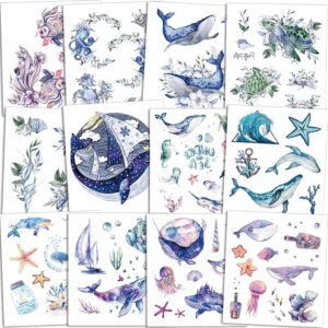 konsait 120pcs ocean animals temporary tattoos for kids, fake sea animal tropical ocean fish shark dolphin waterproof tattoo stickers baby shower girls/boys birthday party favor decoration supplies