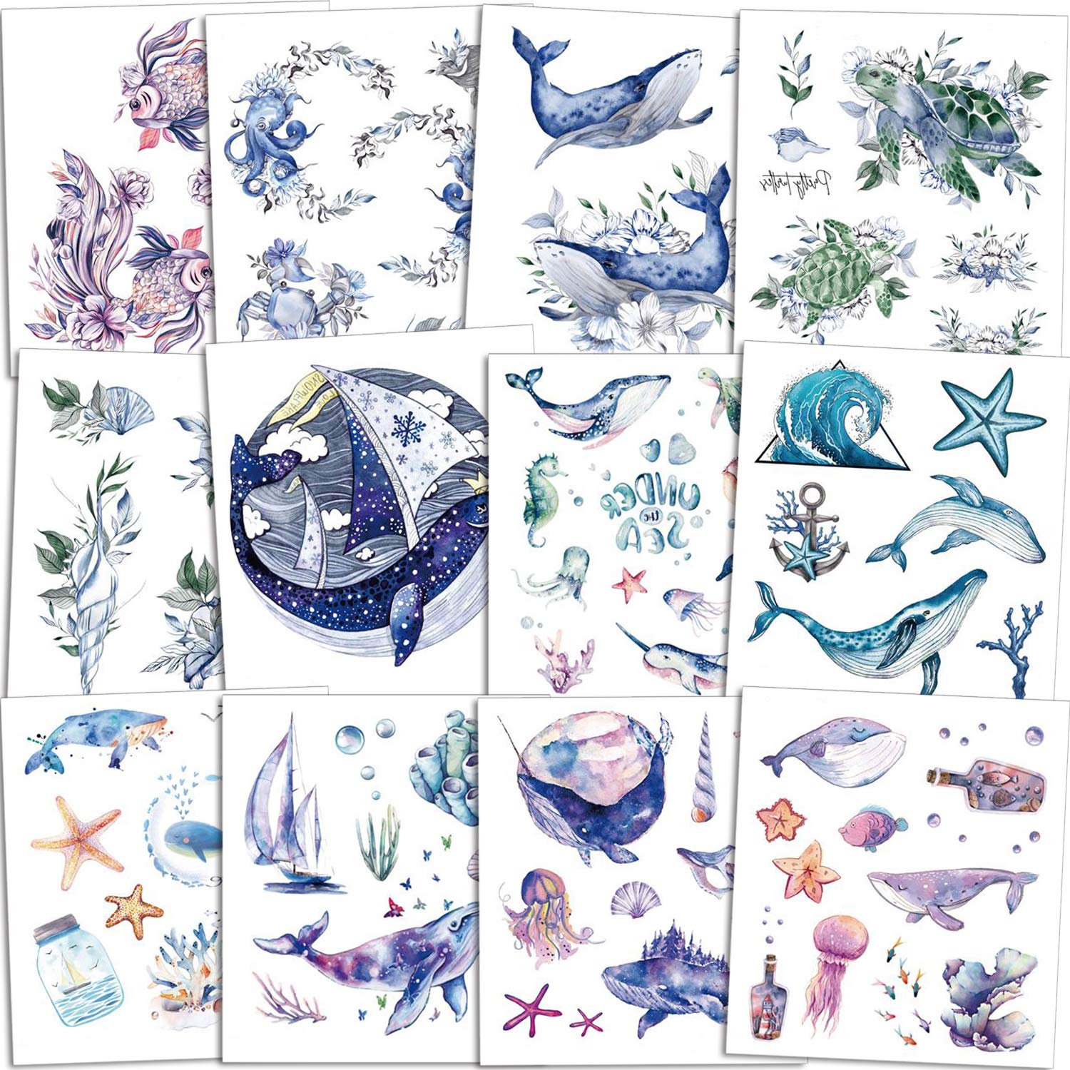 Konsait 120pcs Ocean Animals Temporary Tattoos for Kids, Fake Sea Animal Tropical Ocean Fish Shark Dolphin Waterproof Tattoo Stickers Baby Shower Girls/Boys Birthday Party Favor Decoration Supplies