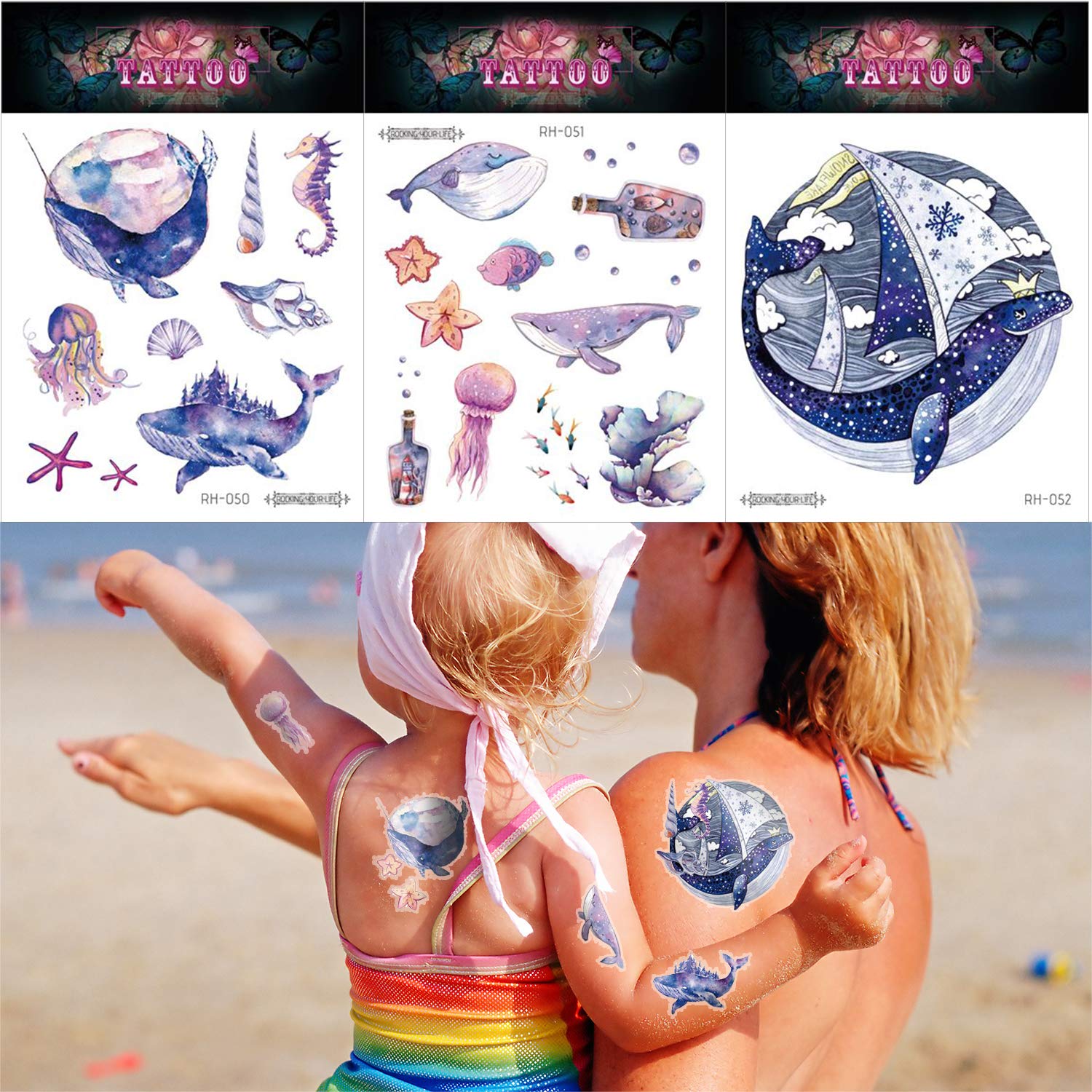 Konsait 120pcs Ocean Animals Temporary Tattoos for Kids, Fake Sea Animal Tropical Ocean Fish Shark Dolphin Waterproof Tattoo Stickers Baby Shower Girls/Boys Birthday Party Favor Decoration Supplies