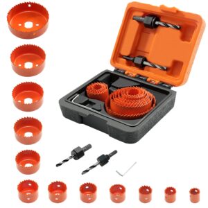 behappy hole saw set 15 pcs, hole saw kit for metal, wood, and plastic with storage case, general purpose 3/4"-3"(19-75mm) saw blades, hex key, mandrels, drill bits with storage case