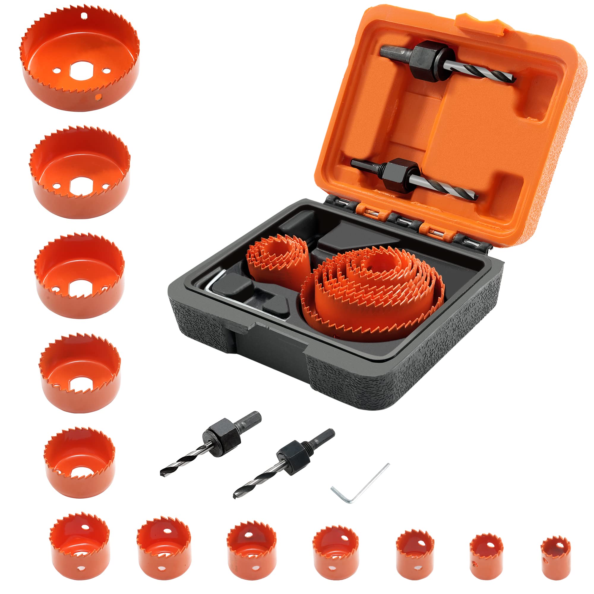 BeHappy Hole Saw Set 15 Pcs, Hole Saw Kit for Metal, Wood, and Plastic with Storage Case, General Purpose 3/4"-3"(19-75mm) Saw Blades, Hex Key, Mandrels, Drill Bits with Storage Case