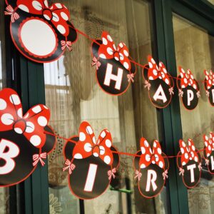 CHuangQi Minnie Themed Party Banner, Happy Birthday Letter Banner, Red Bow with Polka Dots Card, 1st Birthday Party Supplies & Decoration