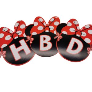 CHuangQi Minnie Themed Party Banner, Happy Birthday Letter Banner, Red Bow with Polka Dots Card, 1st Birthday Party Supplies & Decoration