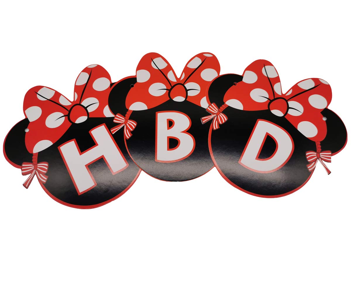 CHuangQi Minnie Themed Party Banner, Happy Birthday Letter Banner, Red Bow with Polka Dots Card, 1st Birthday Party Supplies & Decoration