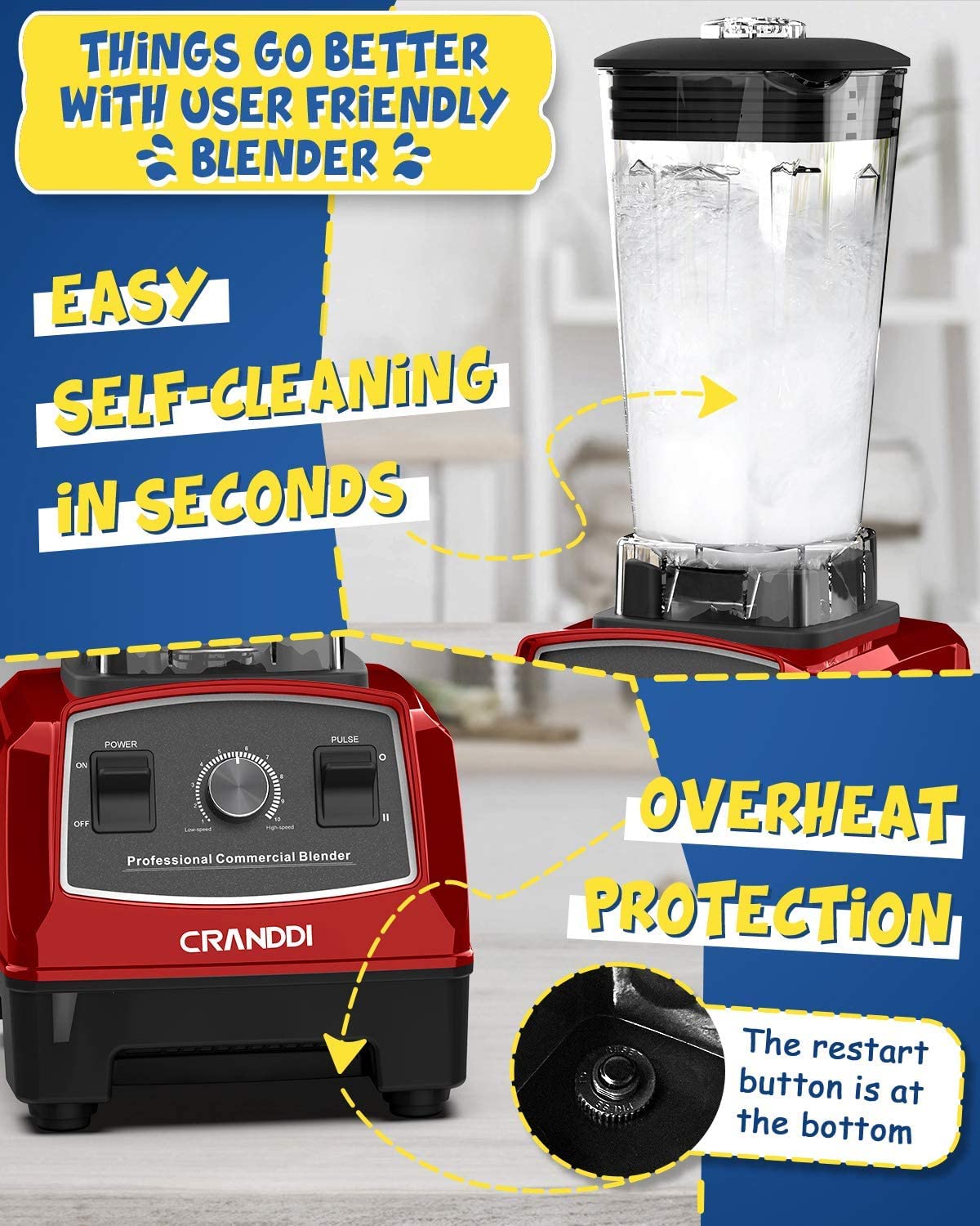 CRANDDI Professional Blender,1500 Watt Commercial Blenders for Kitchen with 70oz BPA-Free Pitcher and Self-Cleaning, Countertop Blenders for Shakes and Smoothies, Build-in Pulse, YL-010-R