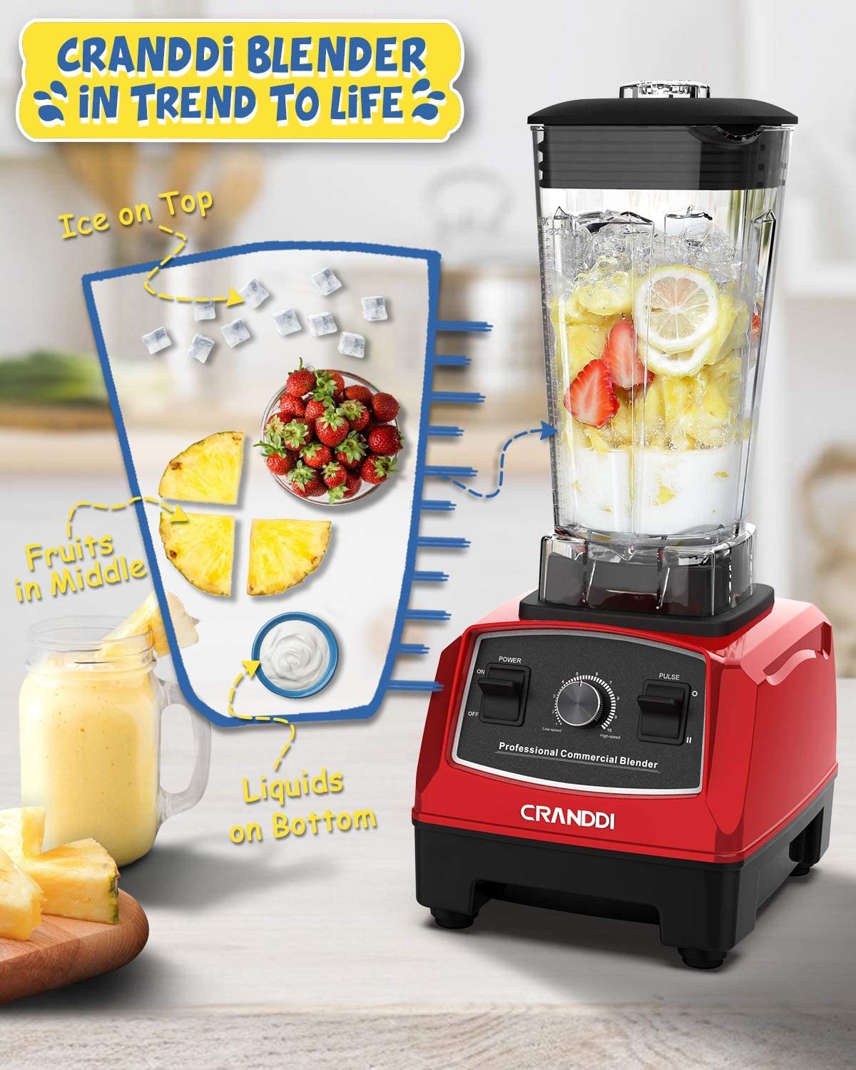 CRANDDI Professional Blender,1500 Watt Commercial Blenders for Kitchen with 70oz BPA-Free Pitcher and Self-Cleaning, Countertop Blenders for Shakes and Smoothies, Build-in Pulse, YL-010-R