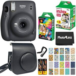 fujifilm instax mini 11 instant camera - charcoal grey (16654786) + fujifilm instax mini twin pack instant film (16437396) + single pack rainbow film + case + travel stickers