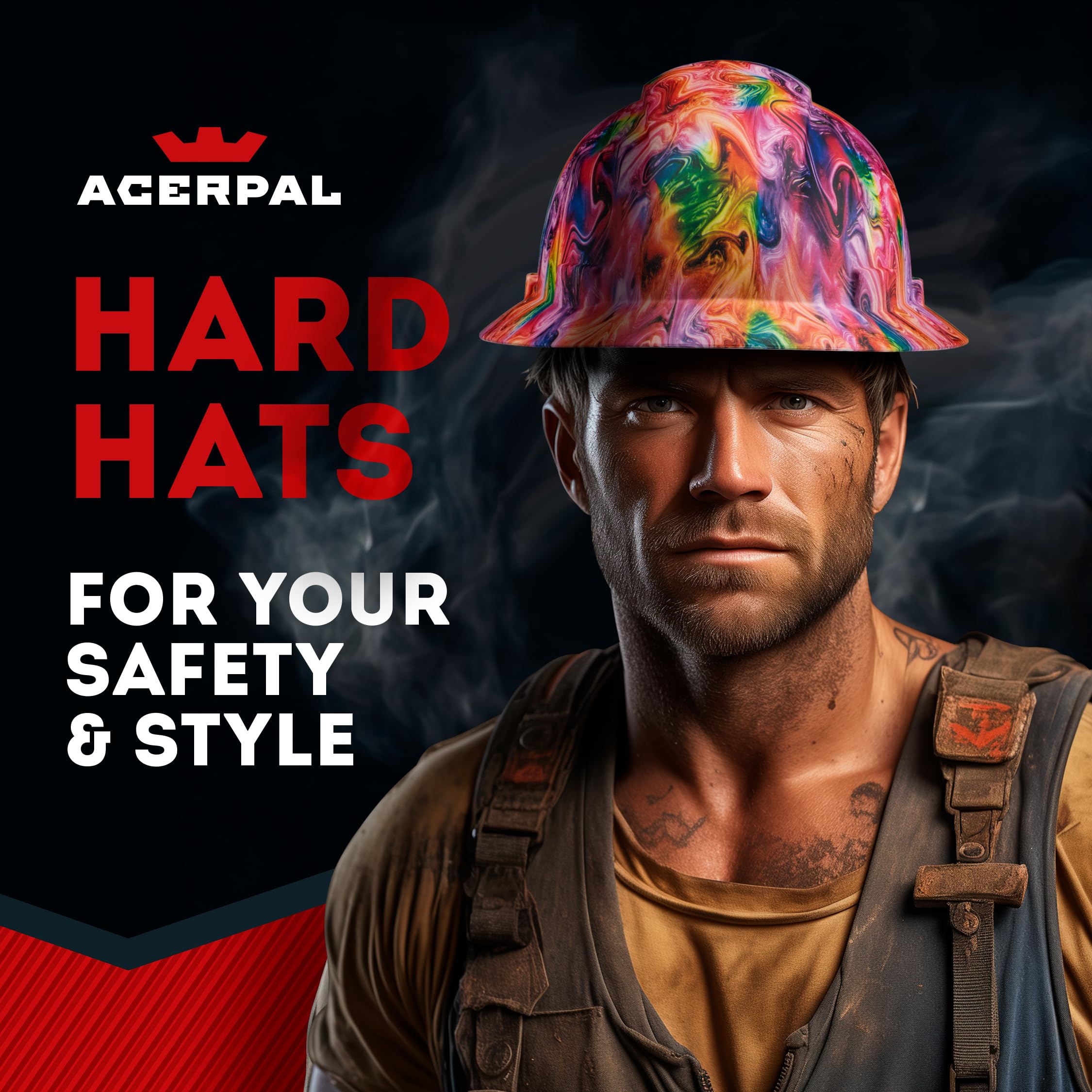 Acerpal Full Brim Non-Vented Psychedelic Art Design Matte Finish OSHA Hard Hat with 6 Point Suspension