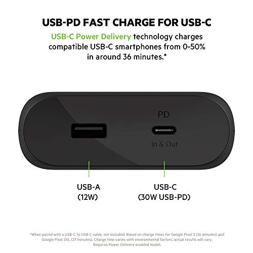 Belkin BoostCharge USB-C PD 20k mAh Power Bank, Portable iPhone Charger, Battery Charger for Apple iPhone, iPad Pro, Samsung Galaxy, & More with USB-C Cable Included - Black