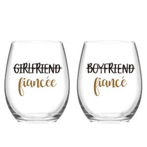 modwnfy boyfriend and girlfriend wine glass, fiance and fiancee stemless wine glass 15oz, engagement gifts for couples fiance fiancee him her (set of 2)